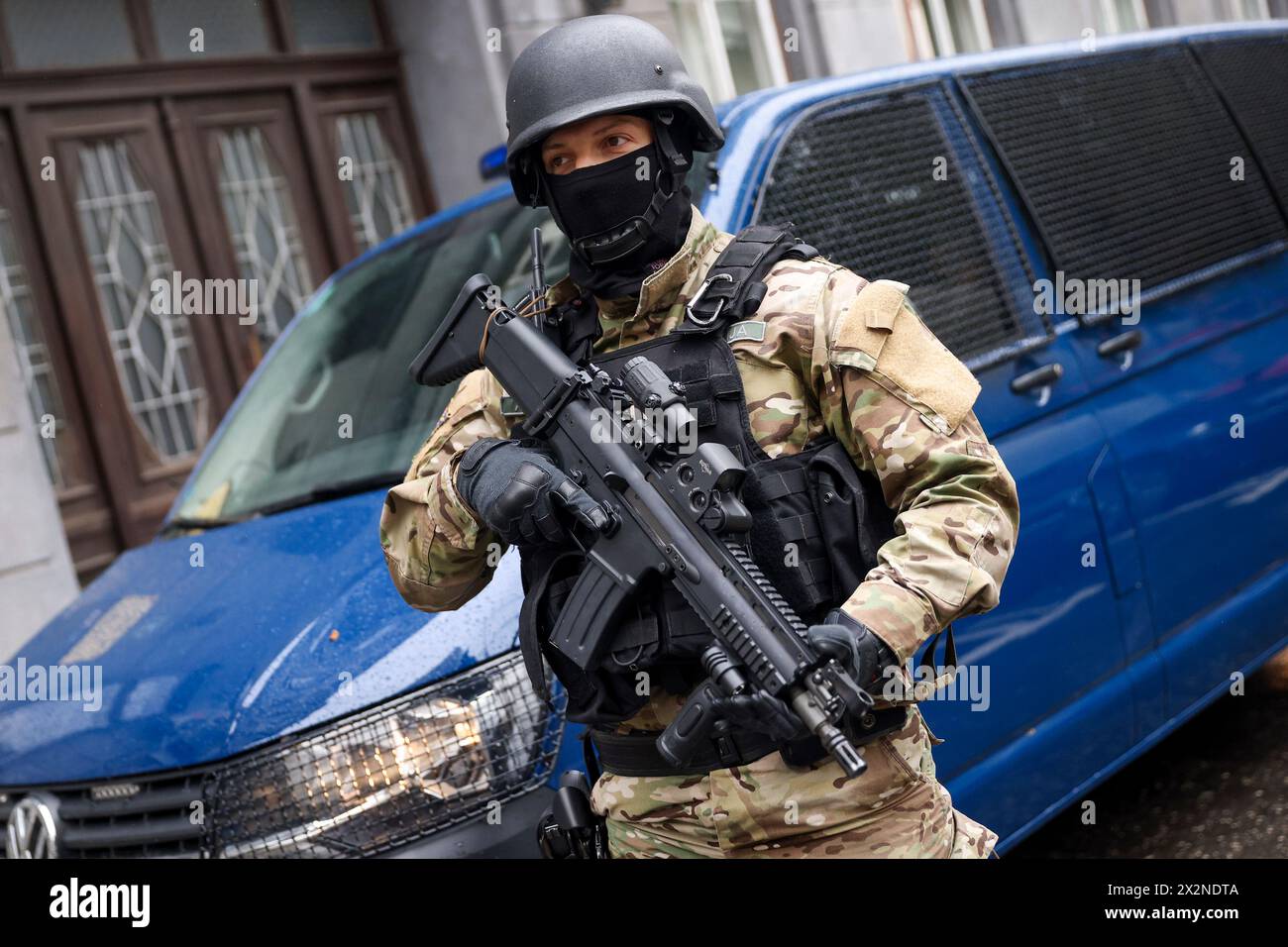 A member of the special police unit of Canton Sarajevo stands guard ...