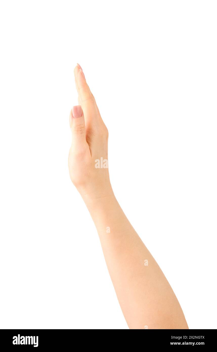 Female hand. Close up of beautiful female hand finger pointing or ...