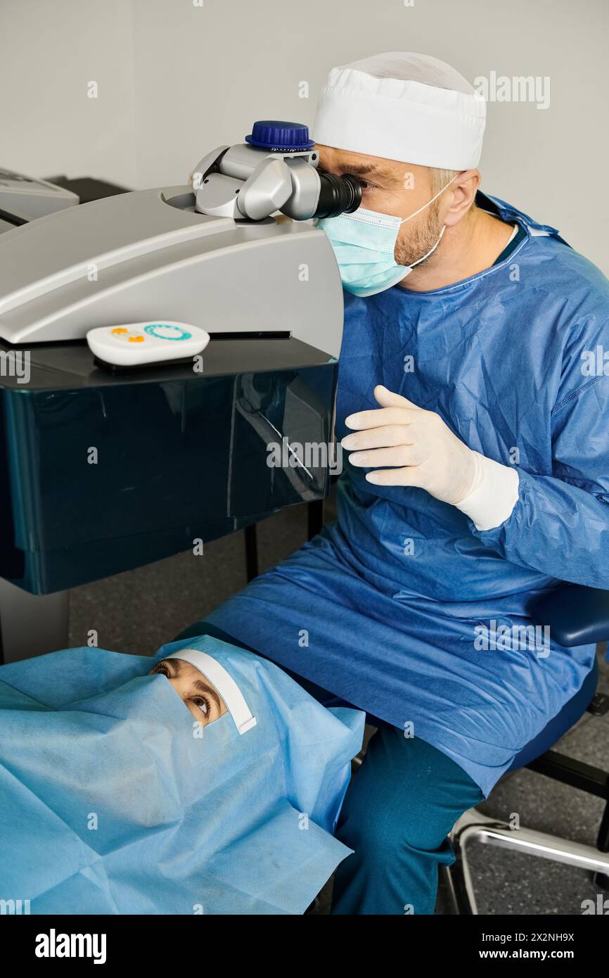 Hard working surgeon performing laser vision correction on womans face ...
