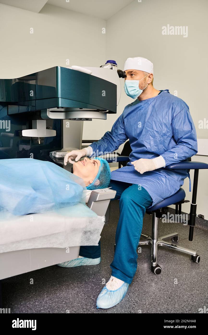Attractive surgeon performing laser vision correction on womans face ...