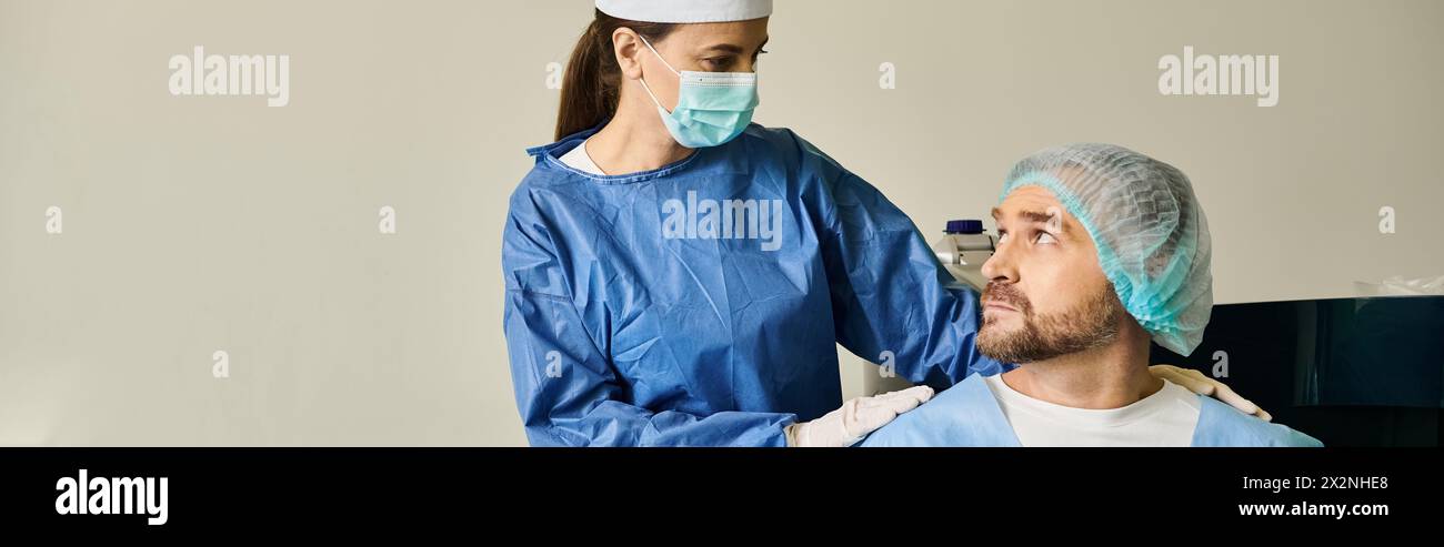 A man in scrubs is putting on a surgical mask in a doctors office ...