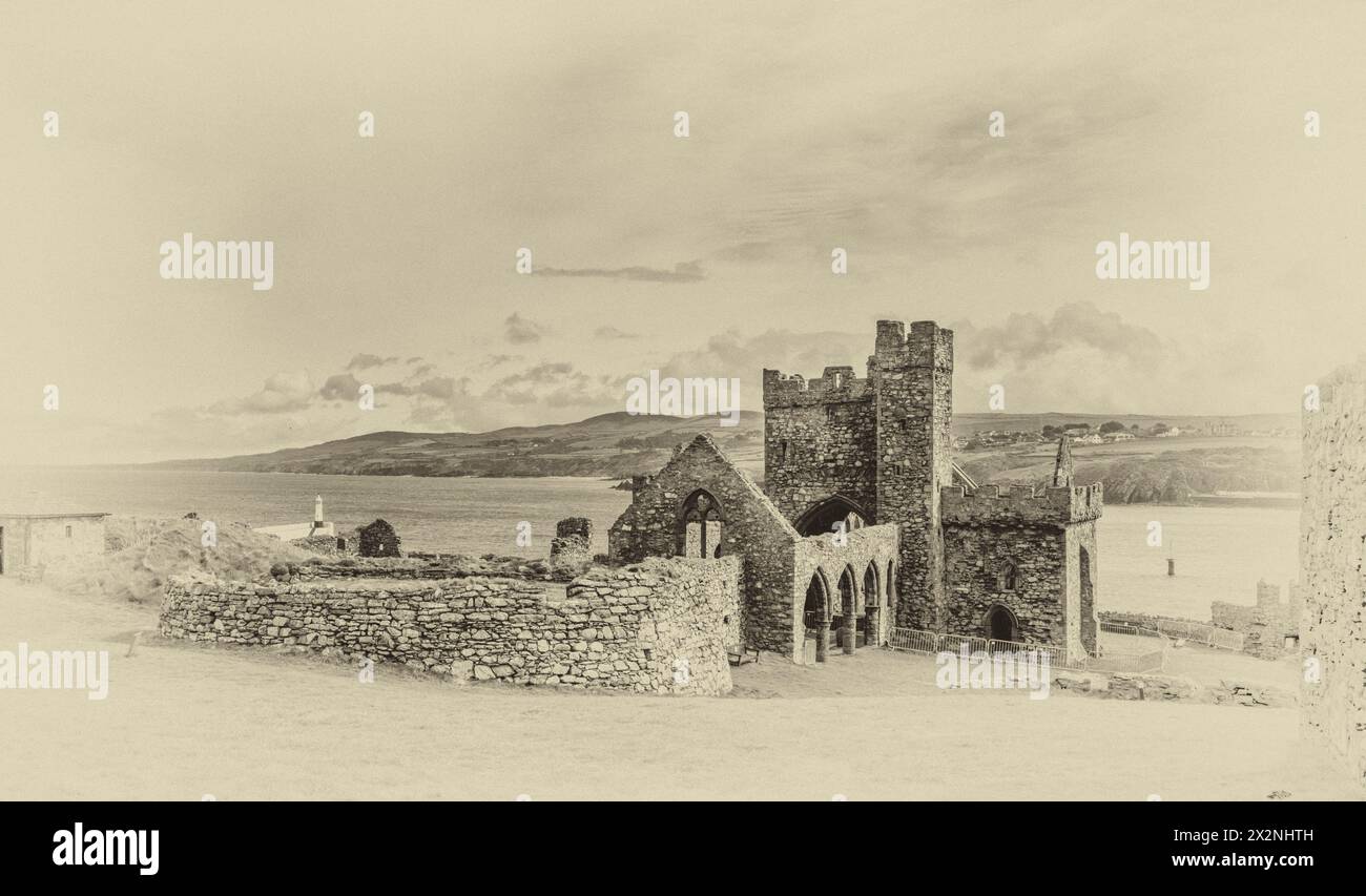 The image is of the 12th century historic Peel Castle Abbey on the west ...
