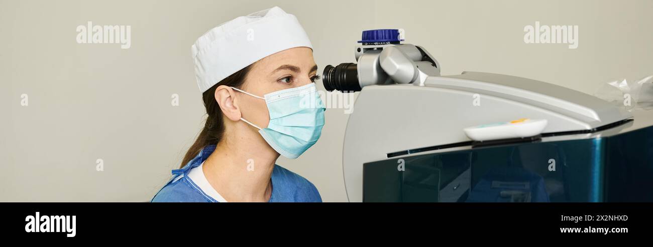 Woman with surgical mask holding laser vision correction machine Stock ...