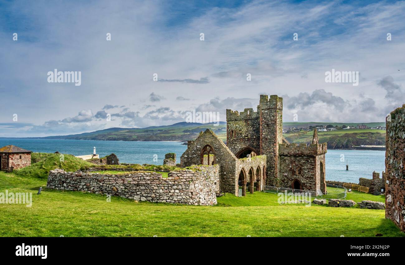 The image is of the 12th century historic Peel Castle Abbey on the west ...