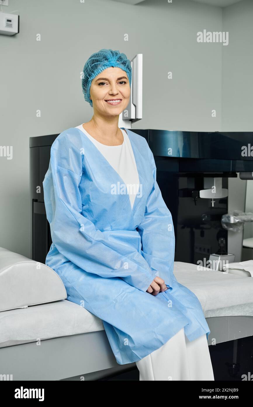 A woman in a hospital gown seated peacefully on a bed Stock Photo - Alamy
