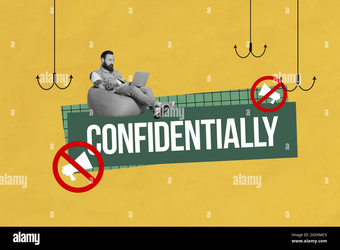 Collage sitting young man remote worker prohibited loudspeaker bullhorn ...