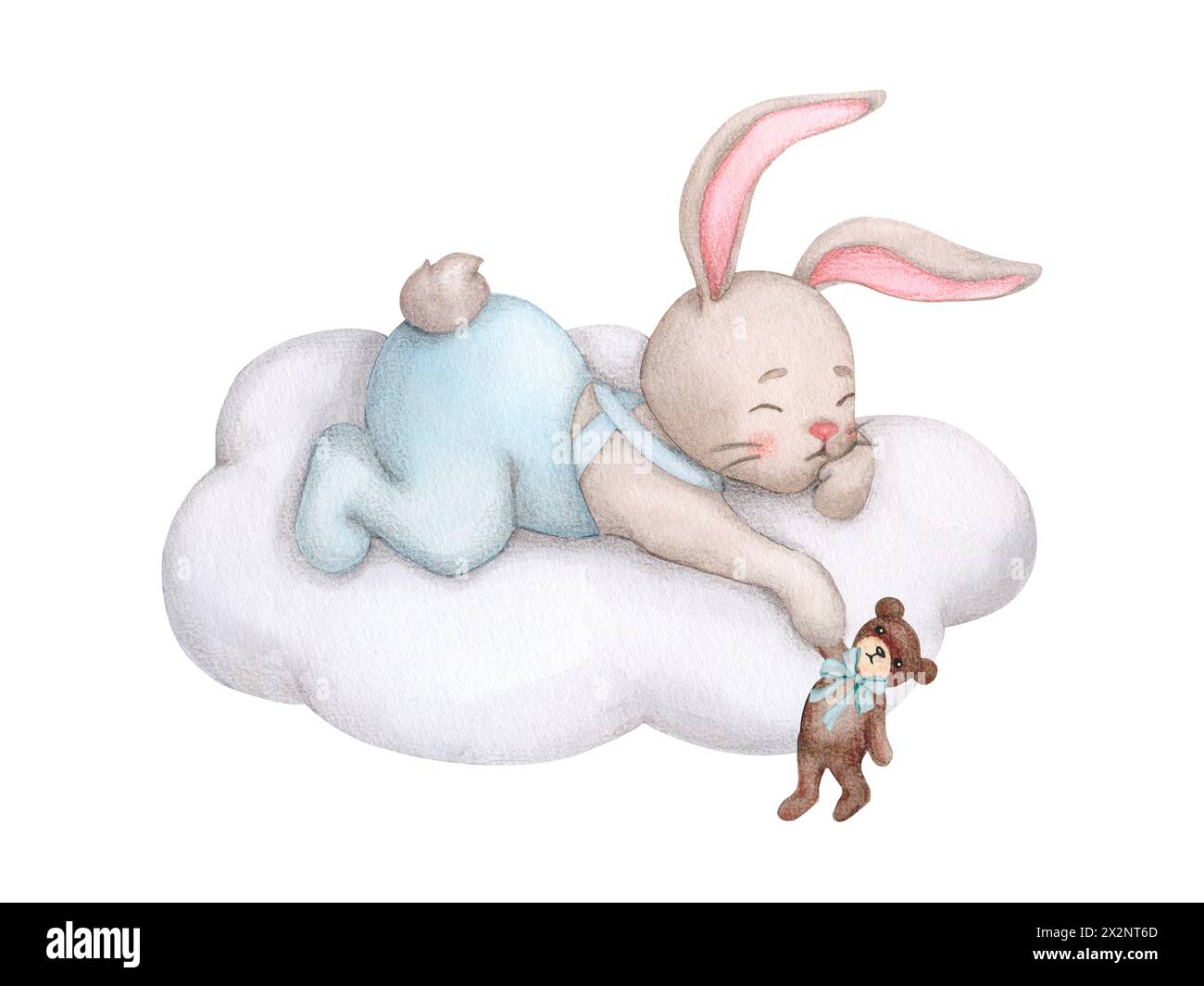 Baby bunny sleeping on a cloud with a teddy bear toy.. Children's ...