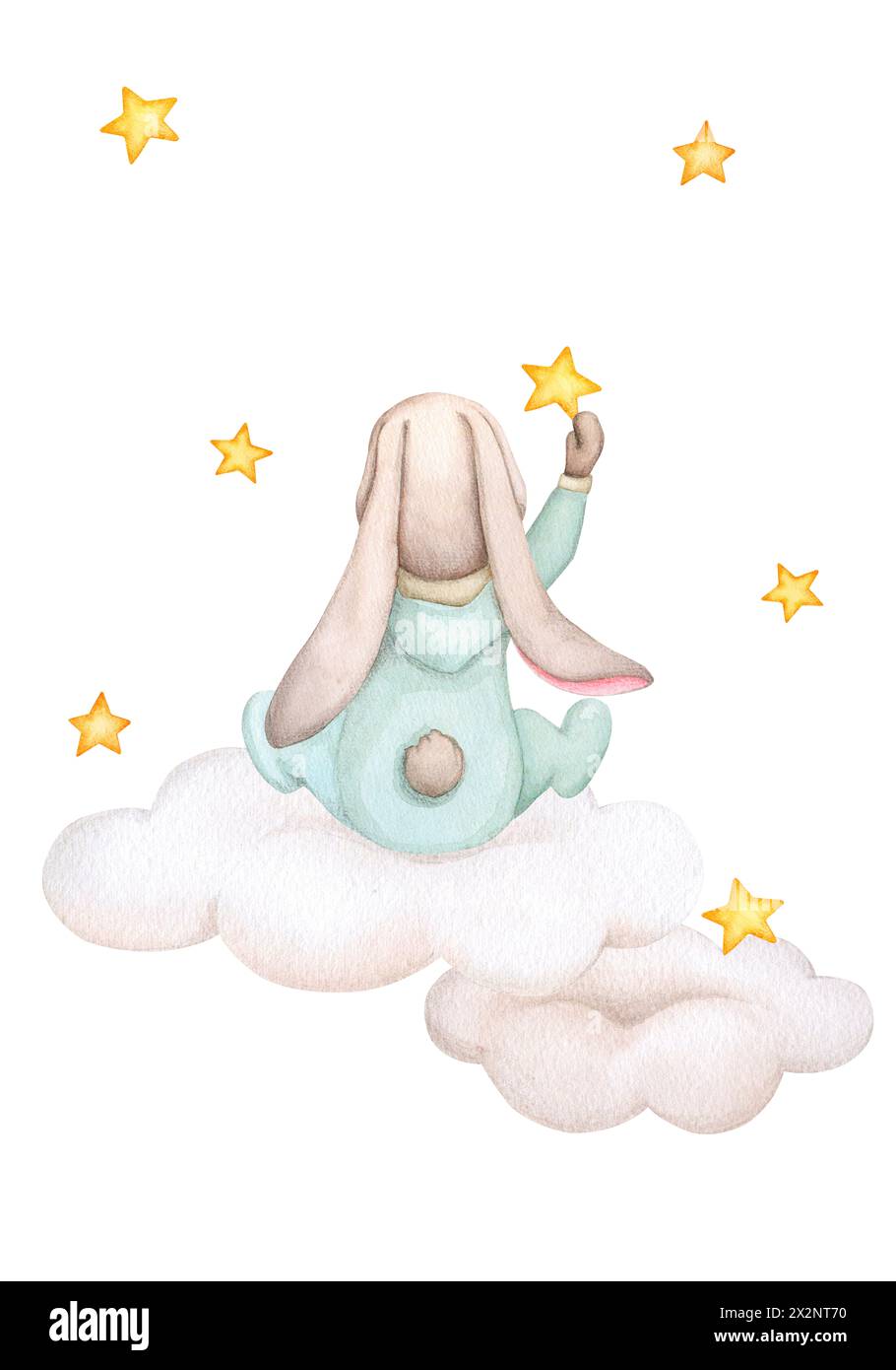 Baby bunny flies on a cloud. Children's illustration. Hand drawn ...