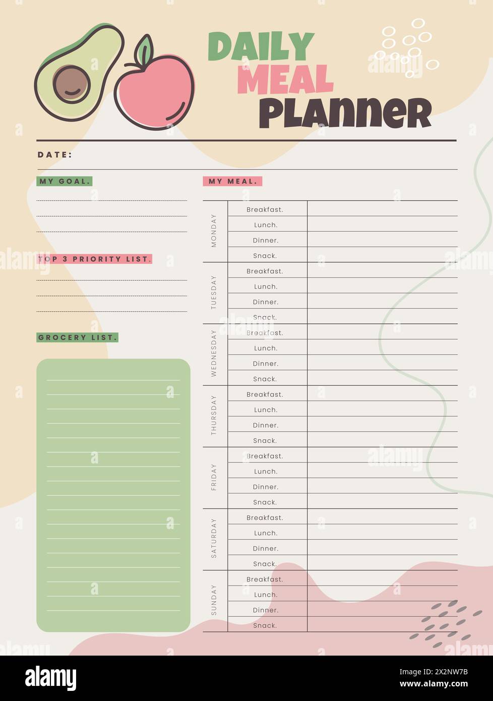 Daily meal planner template. Printable to do list with a goal, schedule and grocery list. Diet ...