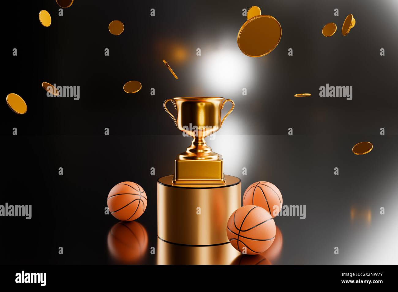 Gold cup on a pedestal with a soccer ball and coin confetti. 3d ...