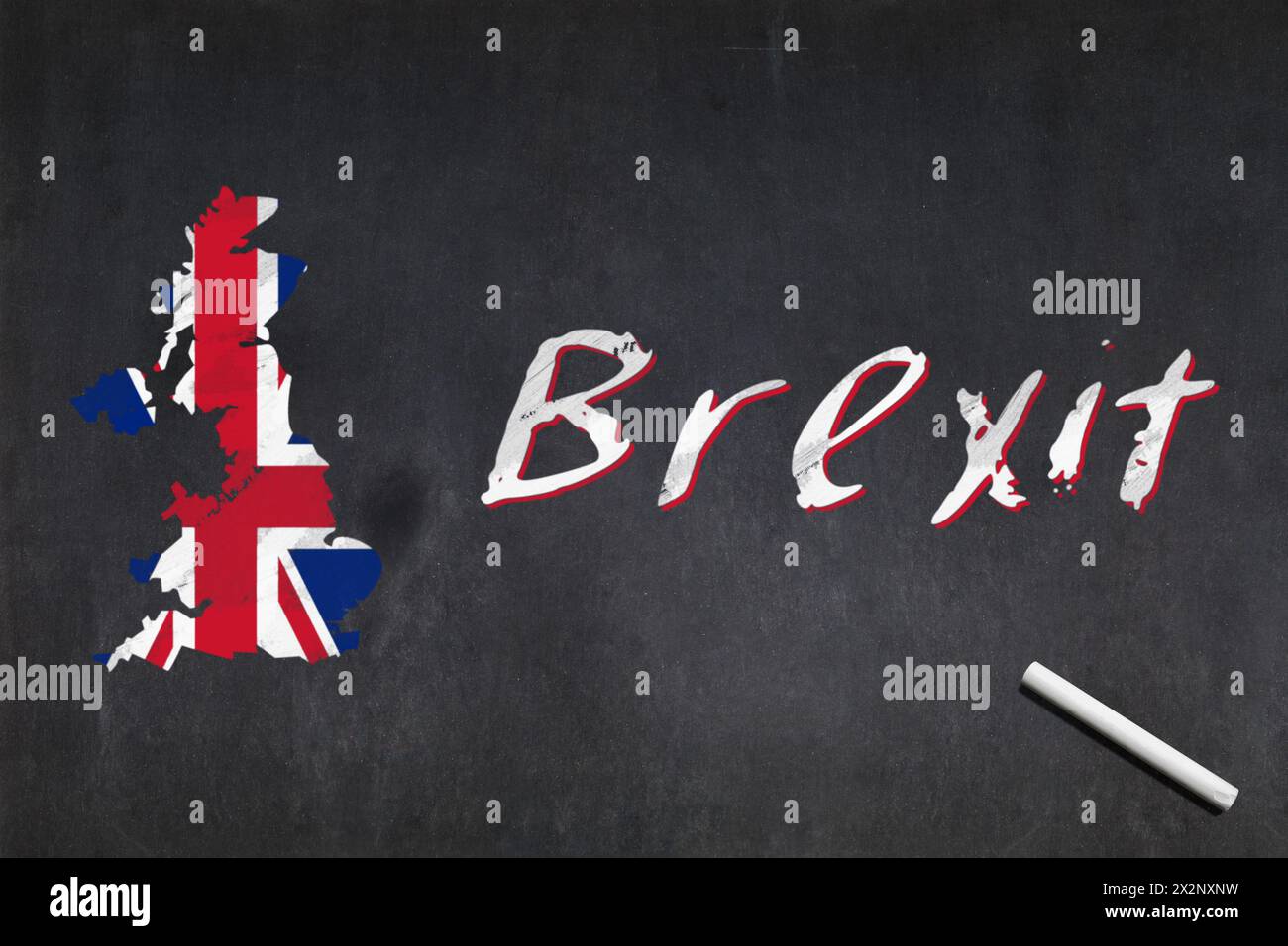 Blackboard with drawn the map of UK filled with the Union Jack flag and ...
