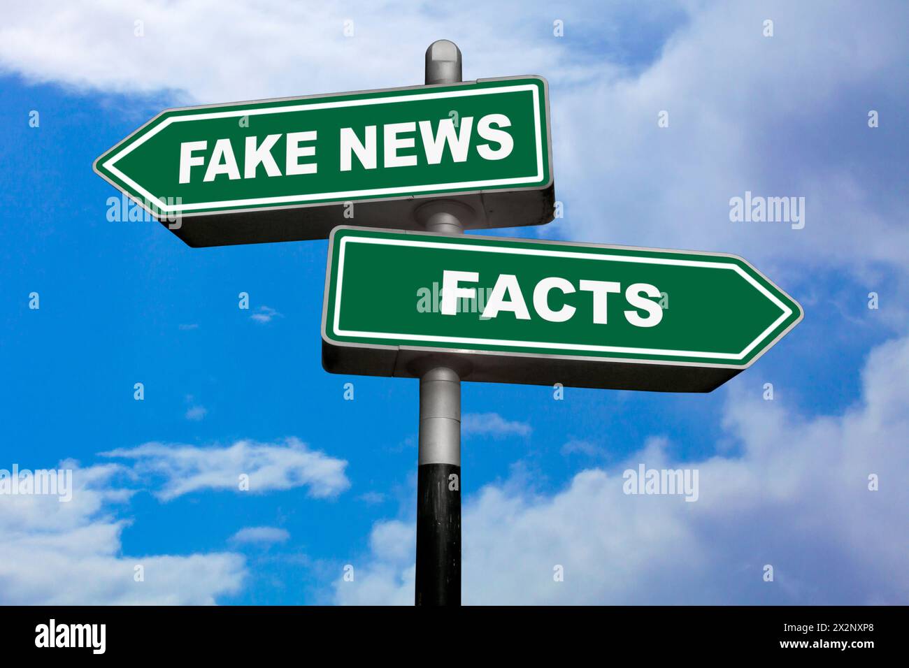 Two direction signs, one pointing left (Fake News) and the other one ...