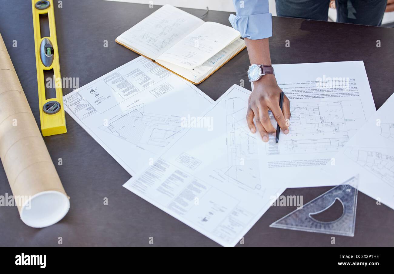 Hand, man and blueprint for planning in office with pencil for drawing ...