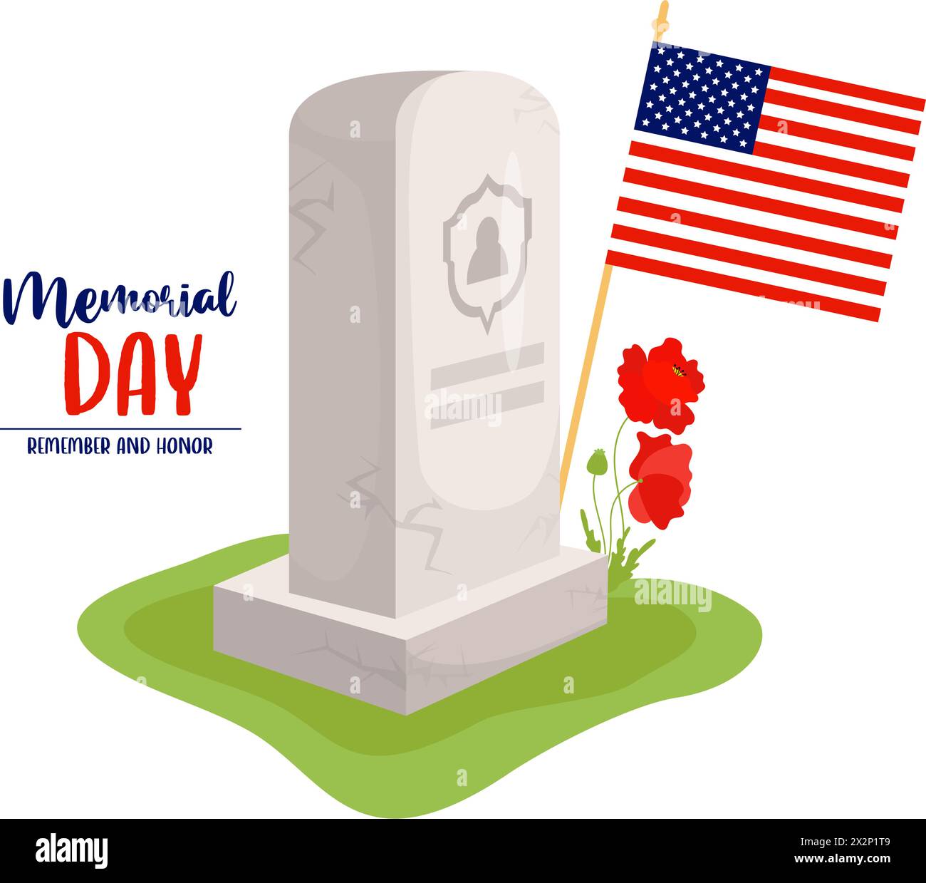 Memorial Day. Grave stone headstone with American flag and red poppy ...