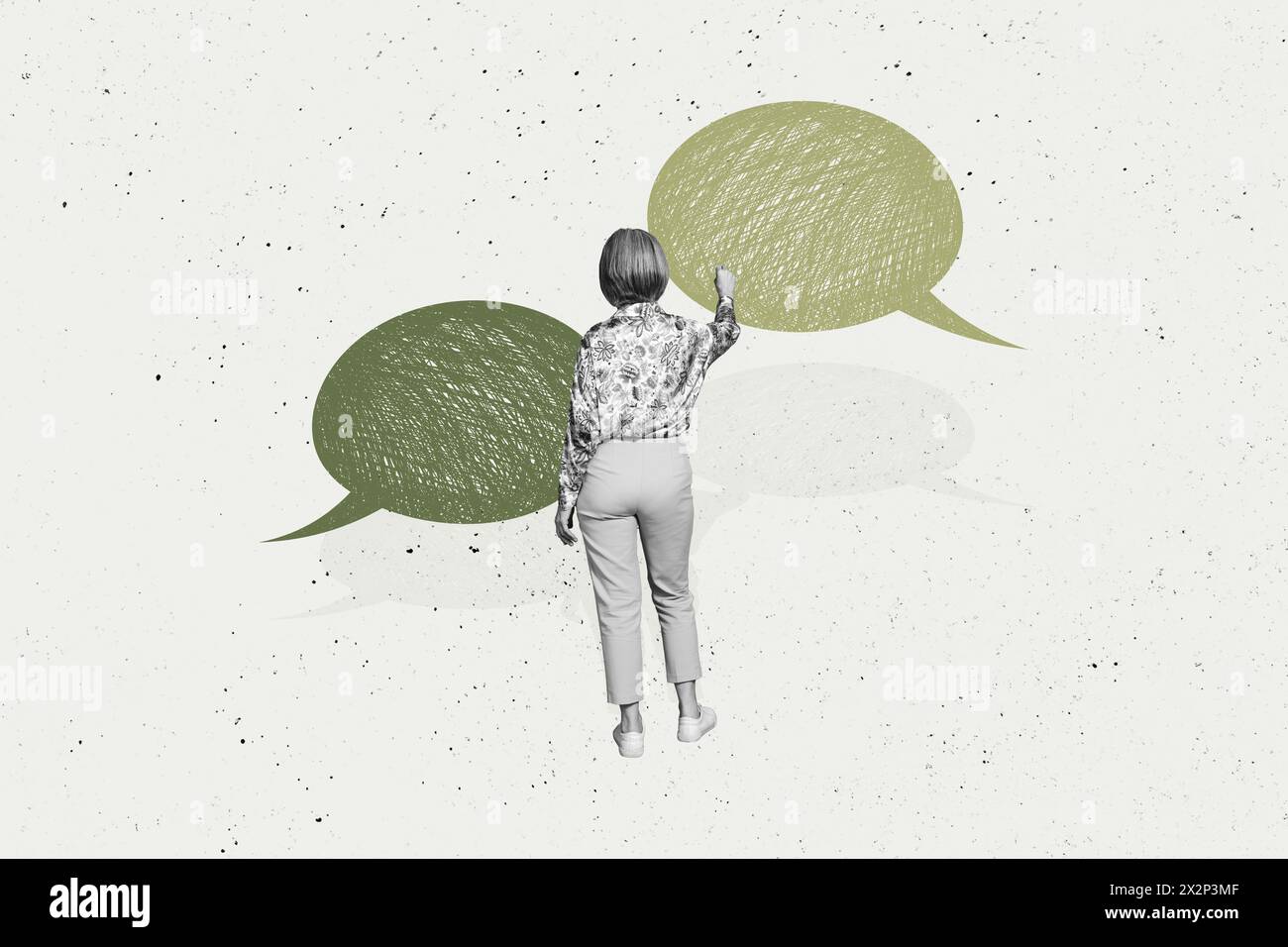 Composite photo collage of stylish girl stand back touch text box ...