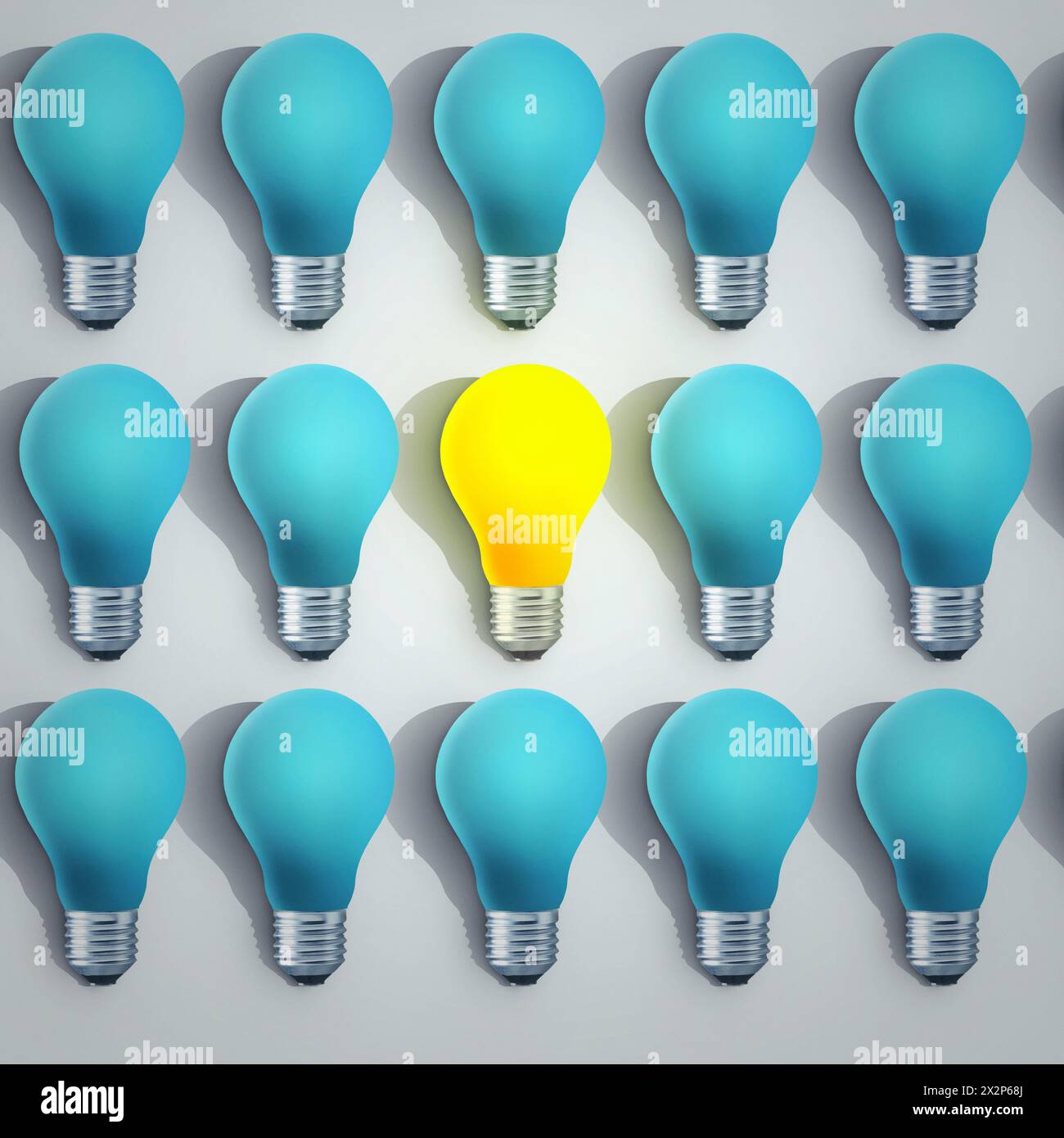 Extinct Light Bulbs And One Glowing Light Bulb, Top View. Think ...