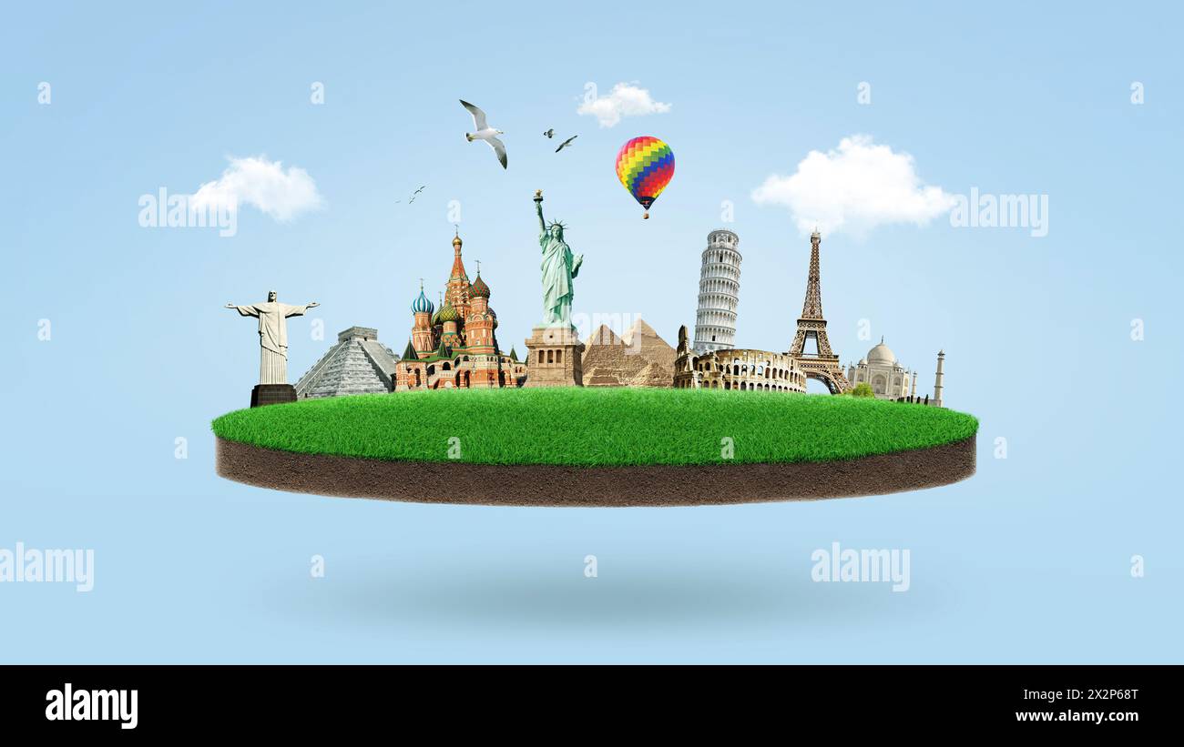 Travel, Creative Idea. World Landmarks On A Pedestal Green Field With ...