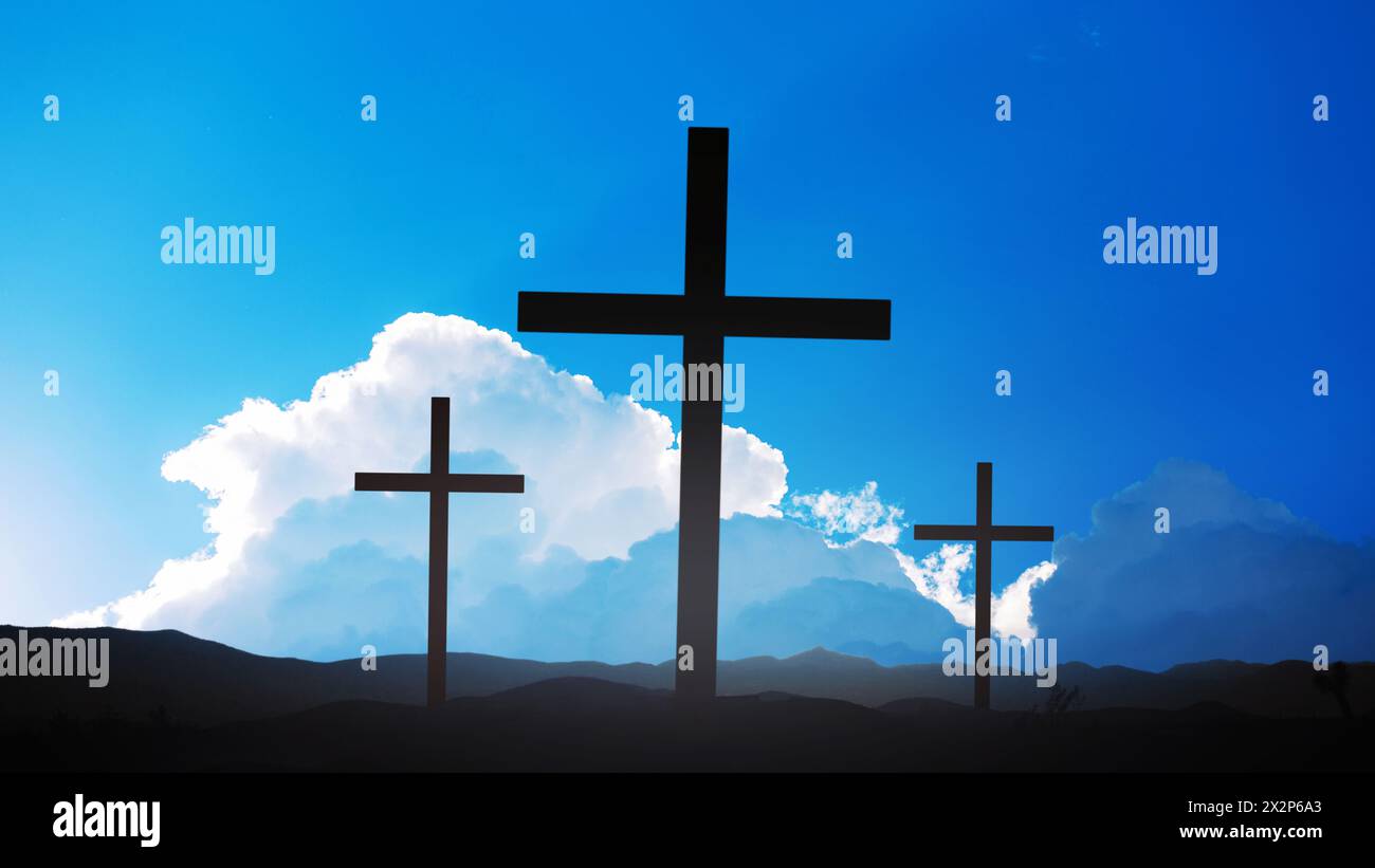 Three Silhouette Crosses Stand In A Field With A Blue Sky With Amazing ...