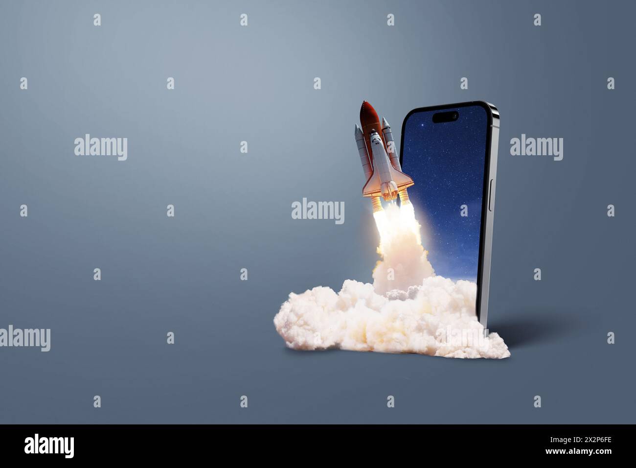 Smartphone With A Rocket Taking Off With Smoke And Blast On A Dark ...