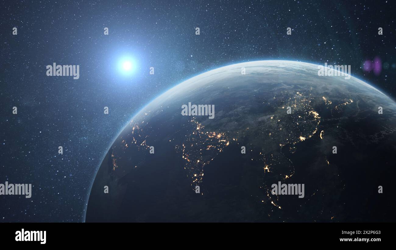 Beautiful Blue Planet Earth With The Lights Of Night Cities With A ...