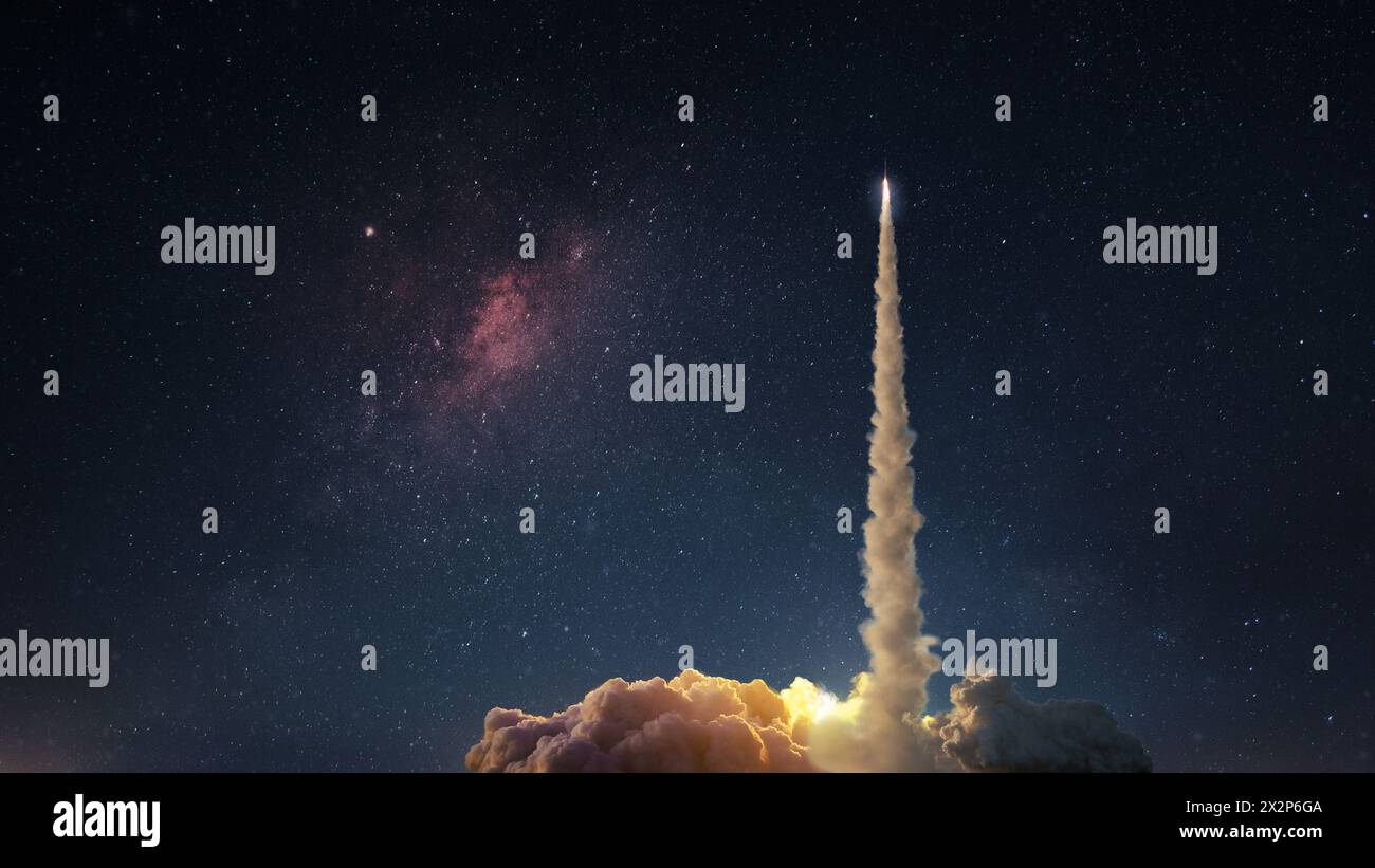 Space Rocket With A Blast And Puffs Of Smoke Successfully Takes Off Into The Starry Sky. The ...