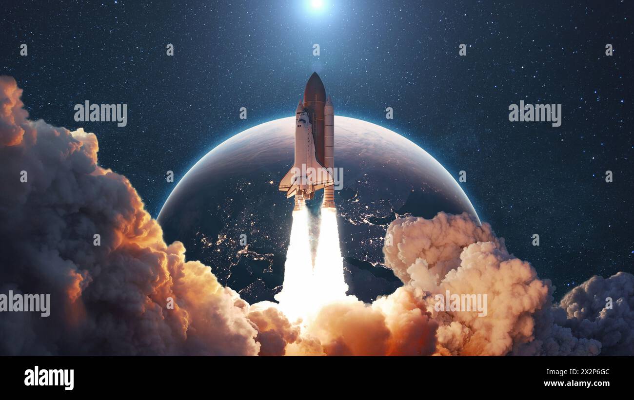 Rocket Lift Off Space Shuttle With Smoke And Blast Takes Off Into