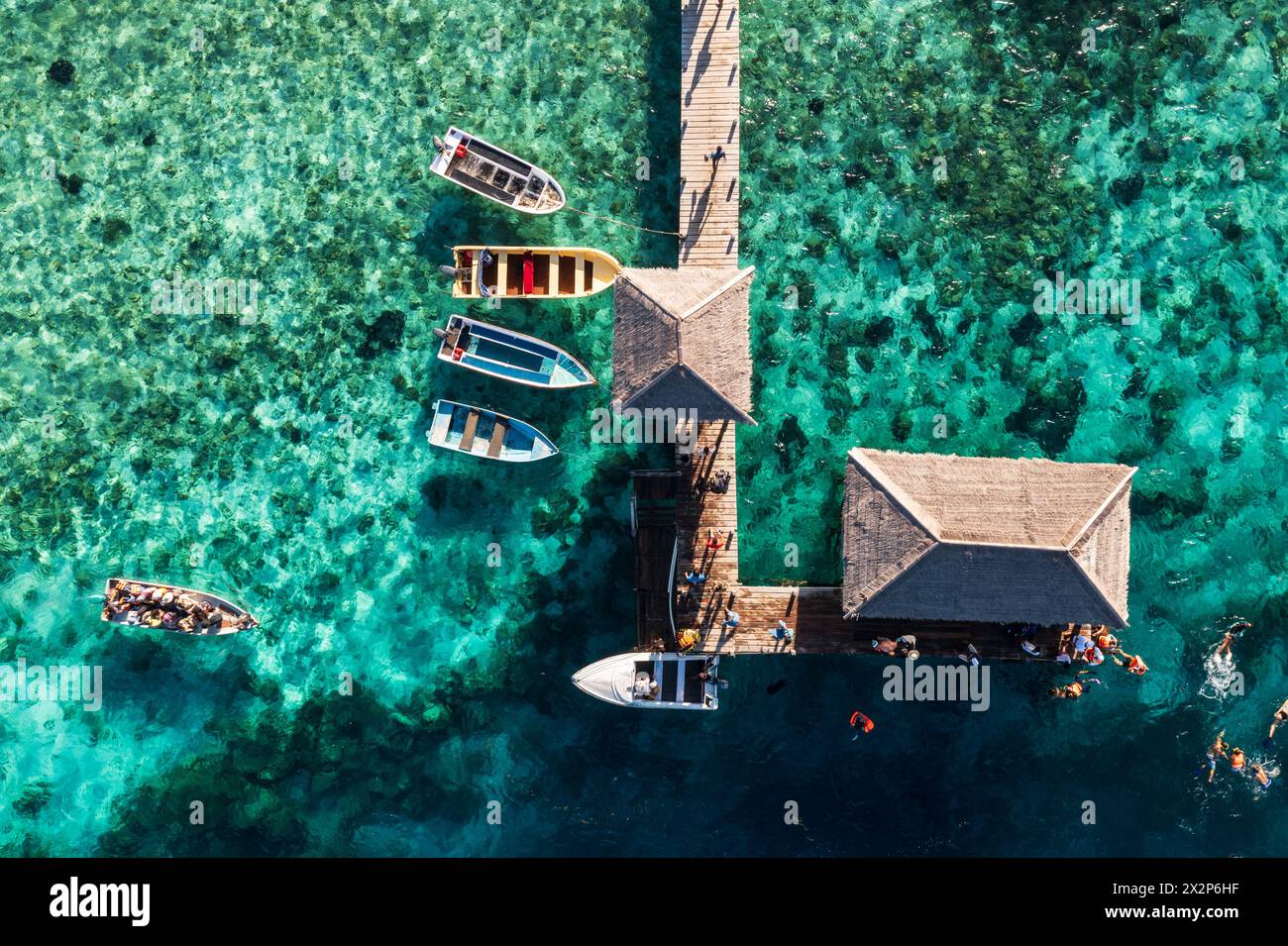 Komodo, Indonesia: Top down view of tourists snorkelling by the jetty ...
