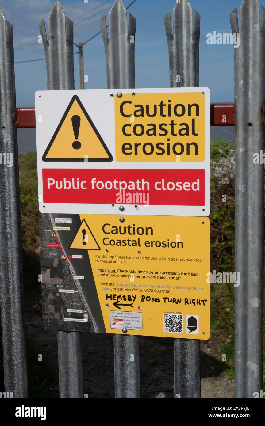 Coastal Erosion sign, Hemsby, Norfolk, UK Stock Photo - Alamy