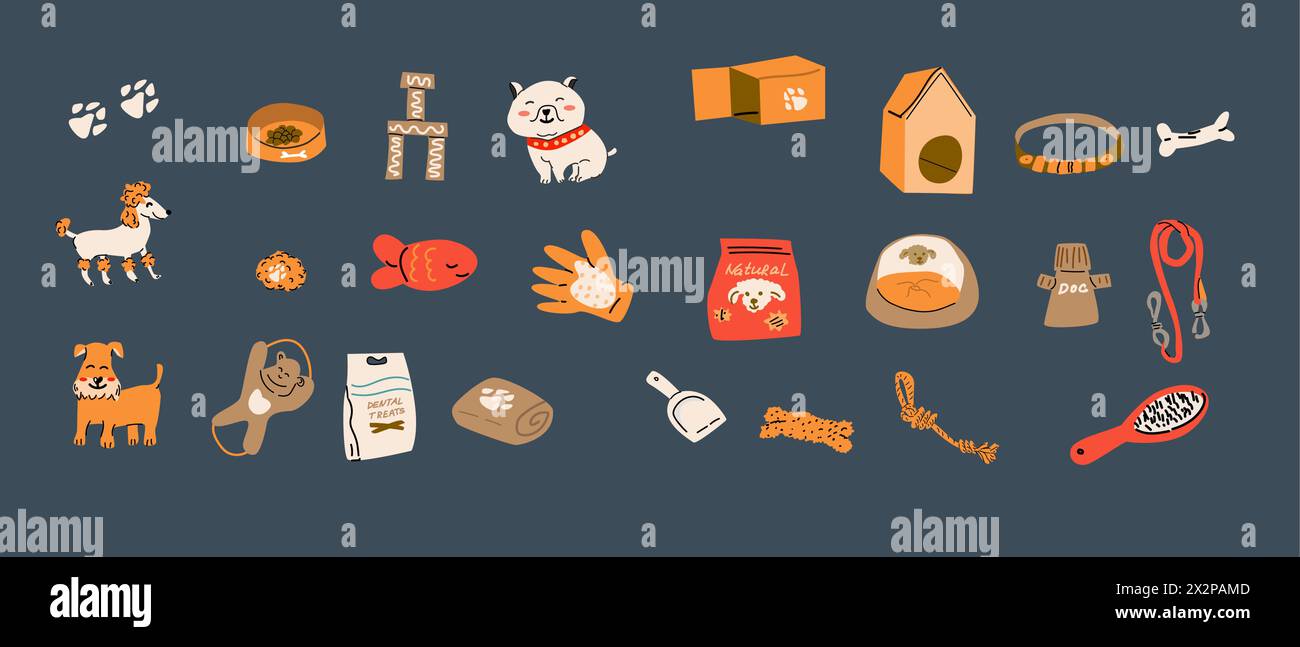 Cartoon dogs and equipment. Cute doodle poodle, terrier and bulldog ...