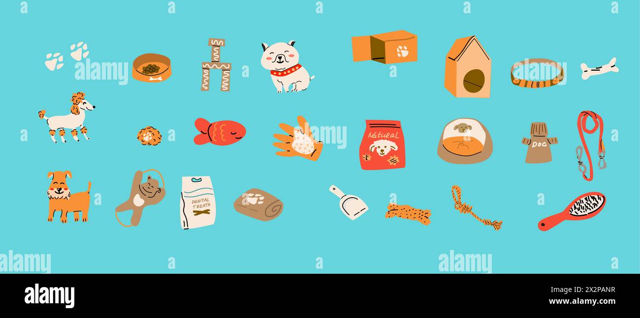 Cartoon dogs and equipment. Cute doodle poodle, terrier and bulldog ...