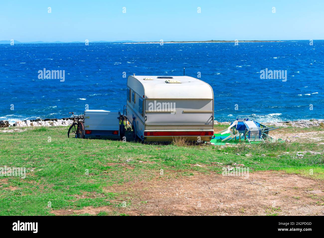 Caravan trailer on the beach in sunny summer day. Perfect summer ...