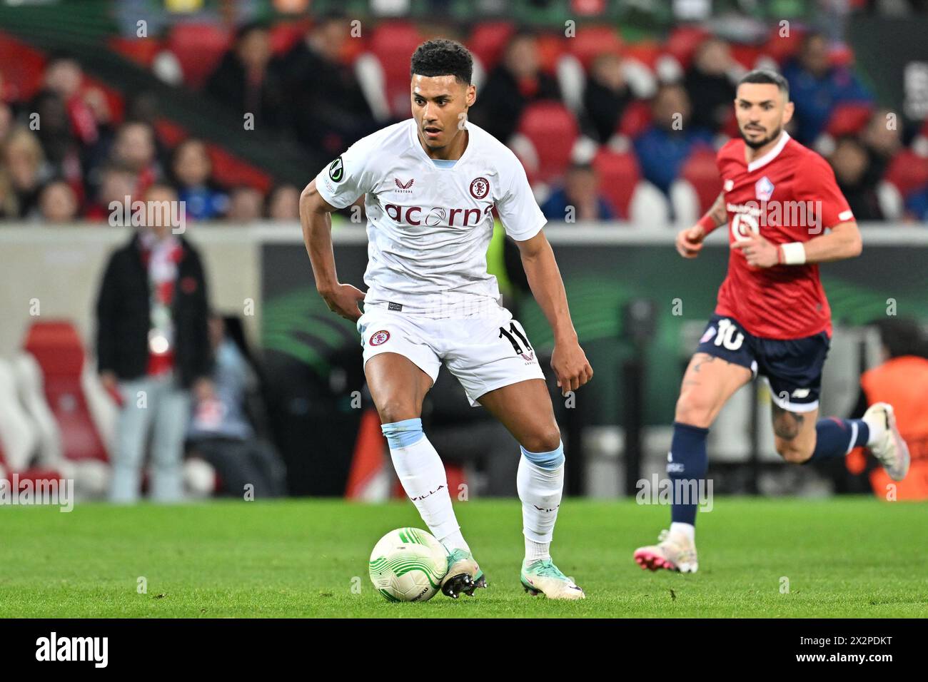 Lille, France. 18th Apr, 2024. Ollie Watkins (11) of Aston Villa pictured during the Uefa ...