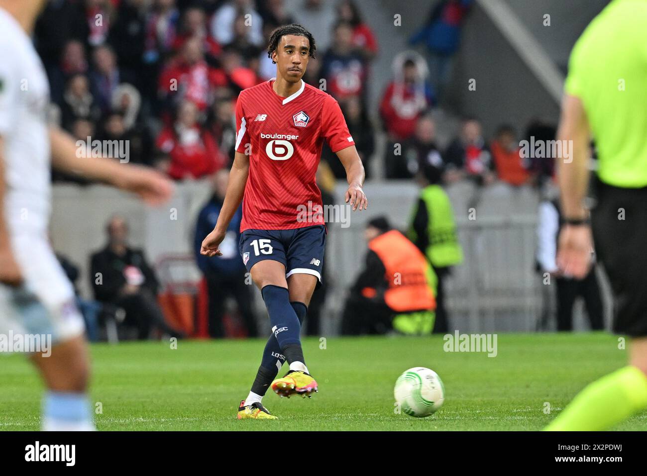 Leny Yoro (15) of Lille pictured during the Uefa Conference League Quarter final round - second ...