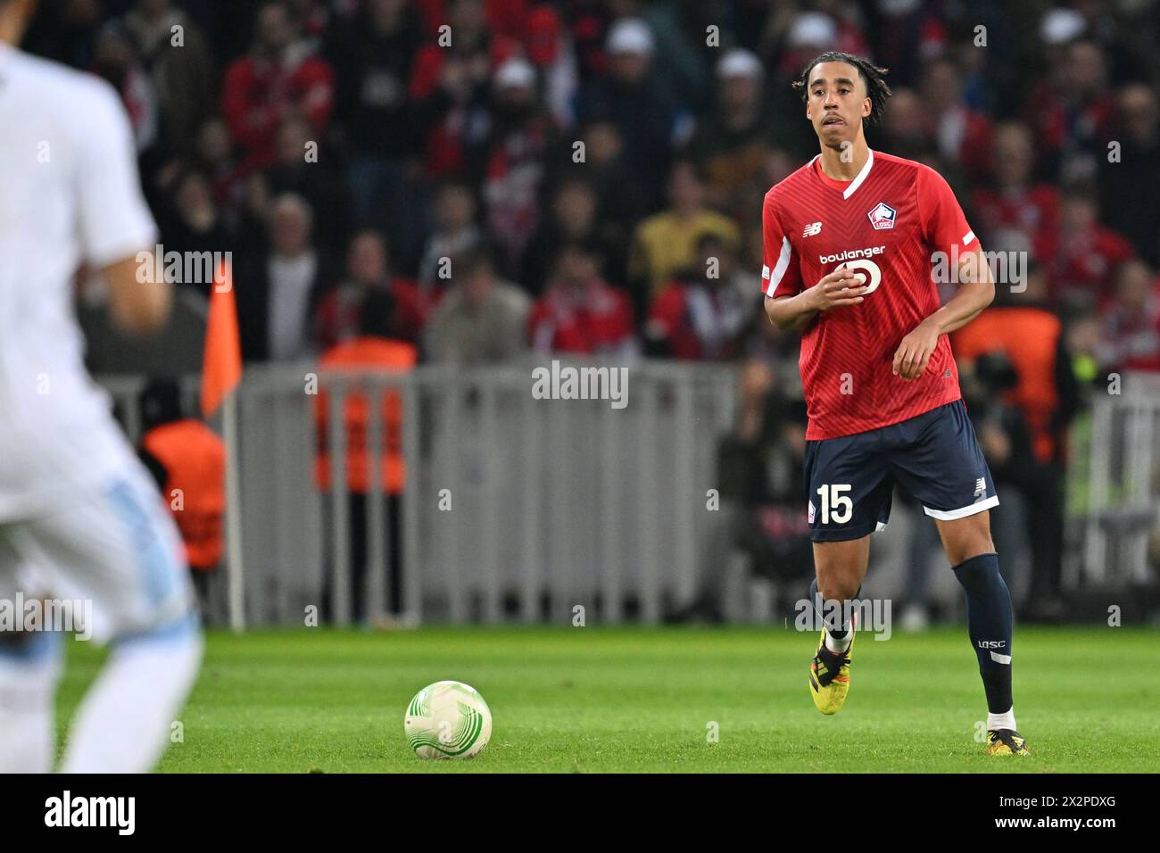Leny Yoro (15) of Lille pictured during the Uefa Conference League Quarter final round - second ...