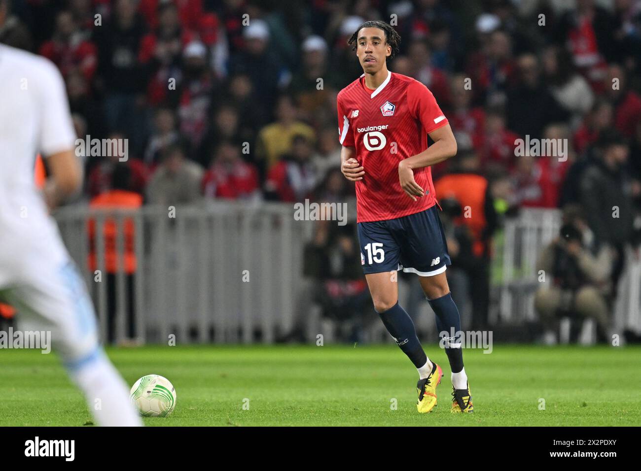 Leny Yoro (15) of Lille pictured during the Uefa Conference League Quarter final round - second ...