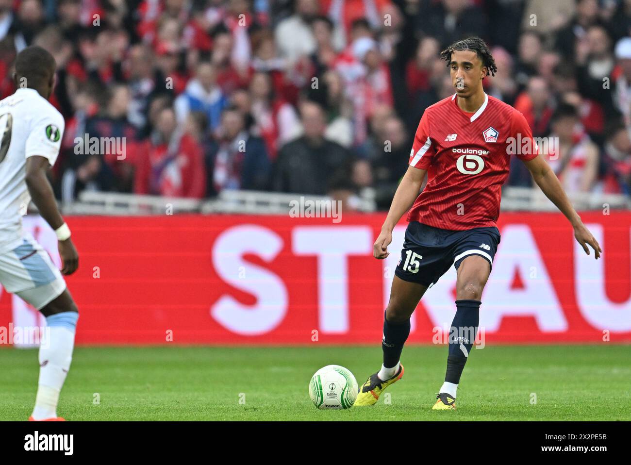 Lille, France. 18th Apr, 2024. Leny Yoro (15) of Lille pictured during the Uefa Conference ...