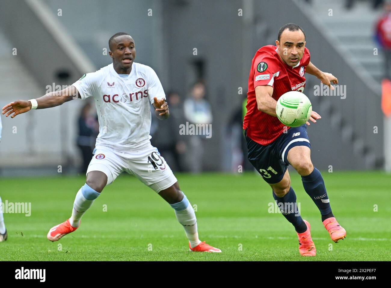 Lille, France. 18th Apr, 2024. Moussa Diaby (19) of Aston Villa ...