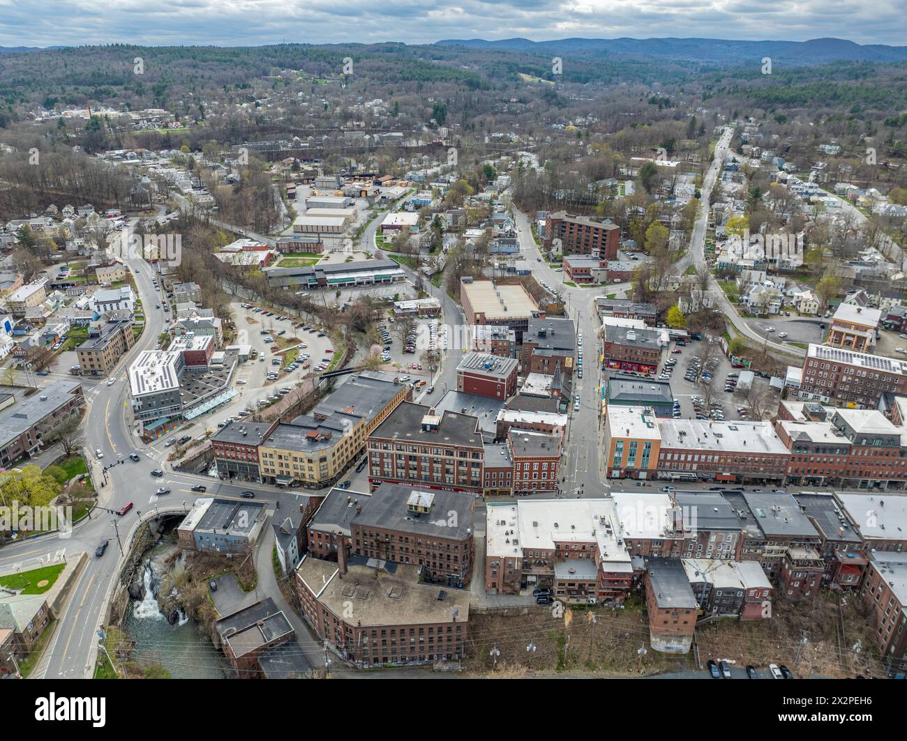 Brattleboro, VT, USA 04-21-2024: Spring aerial photo of the Town of ...