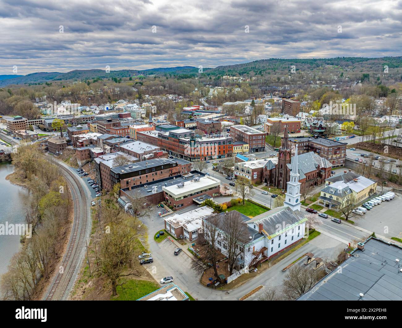 Brattleboro, VT, USA 04-21-2024: Spring aerial photo of the Town of ...