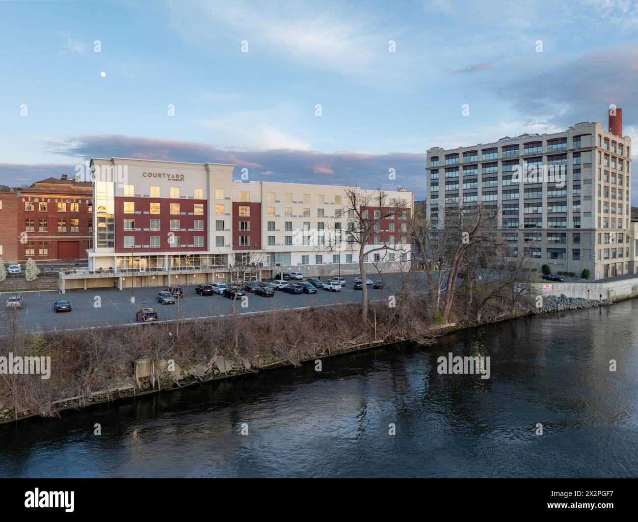 Troy, NY, USA - 04-21-2024: Late afternoon aerial view of a Courtyard ...