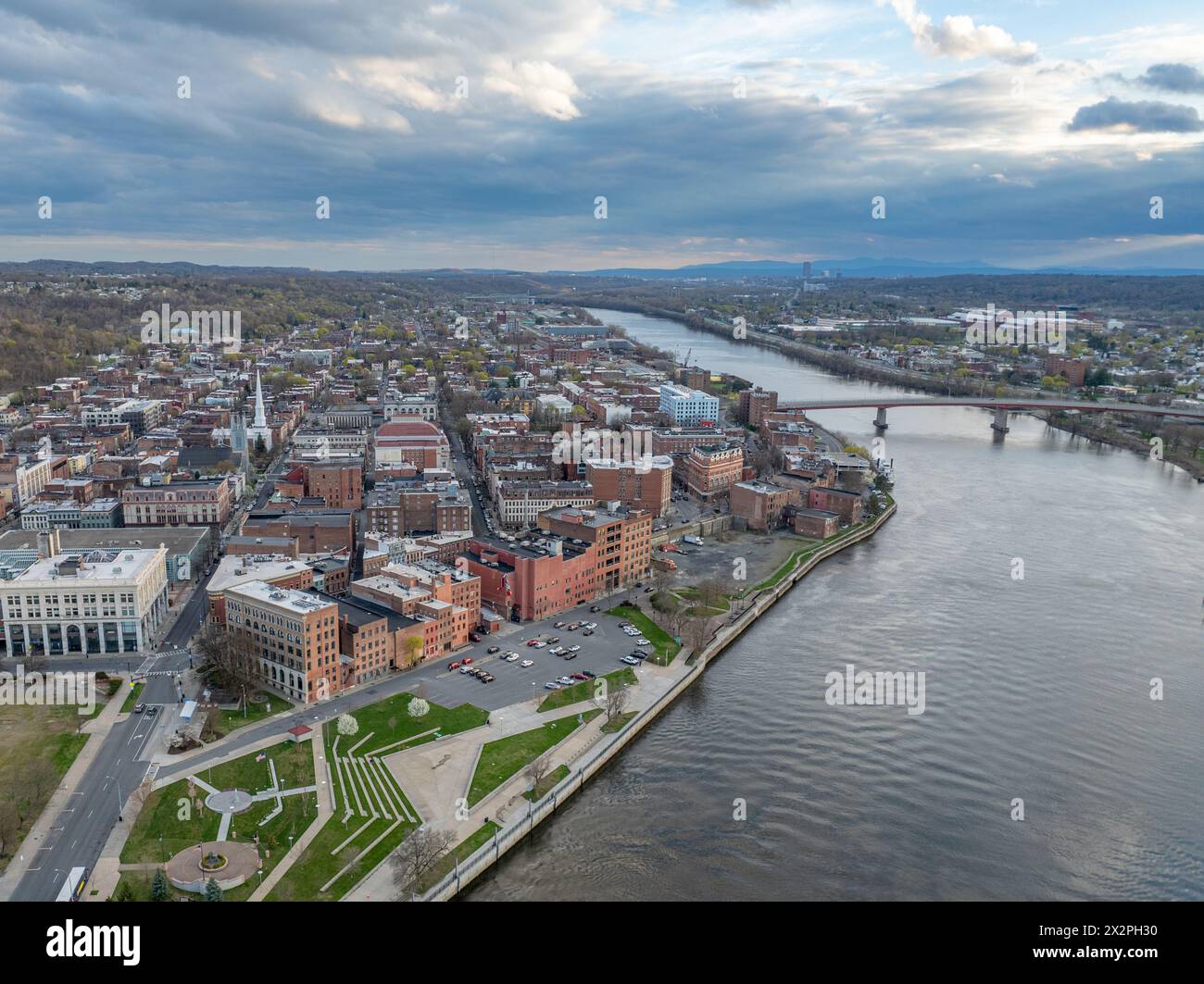 Late afternoon spring aerial view of downtown Troy, NY located on the ...
