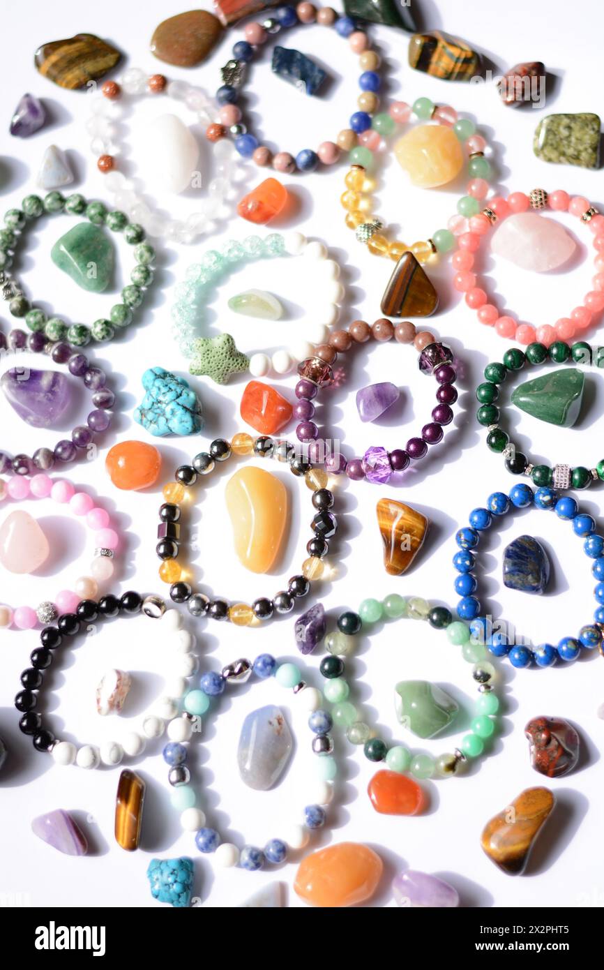 The collection of beautiful raw mineral gemstones, complemented by ...