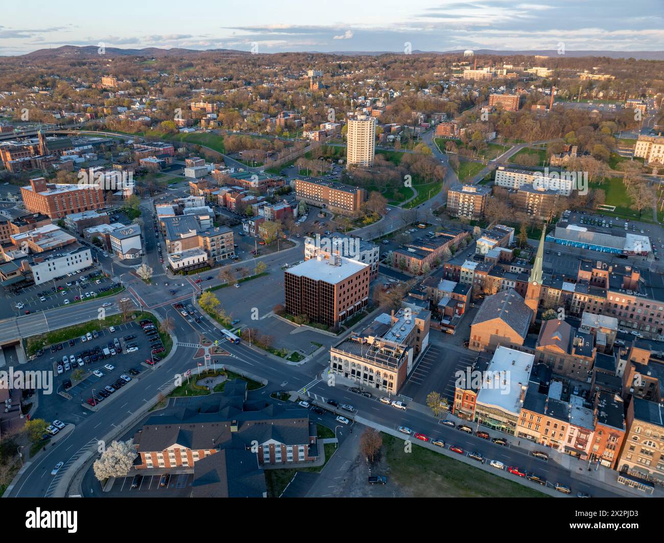 Late afternoon spring aerial view of downtown Troy, NY located on the ...