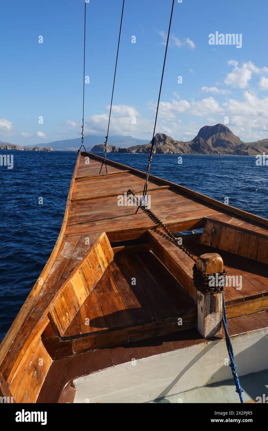 Komodo, Indonesia: Point of view of a cruise boat sailing in the waters ...
