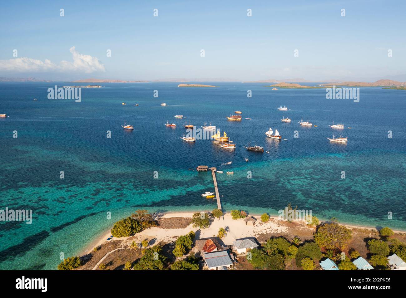Komodo, Indonesia: Aerial of Phinisi boat anchored by the Kanawa island ...