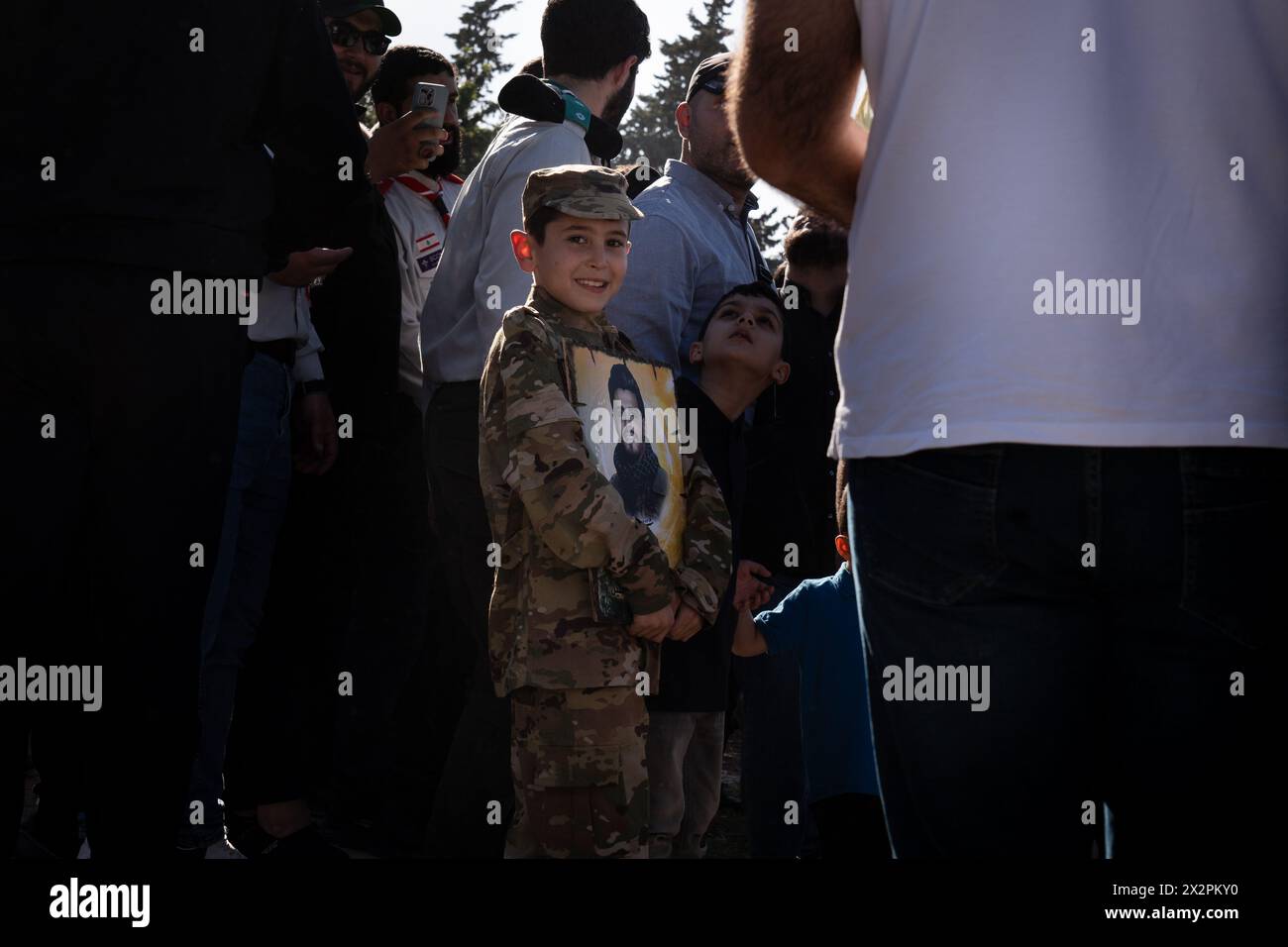 April 21, 2024, Mansouri, Lebanon: A boy dressed in military patterned ...