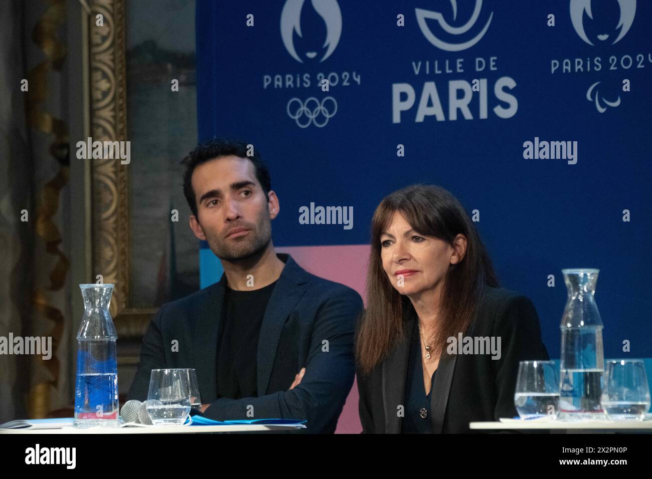 Paris, France. 23rd Apr, 2024. Mayor of Paris Anne Hidalgo (R) looks on ...
