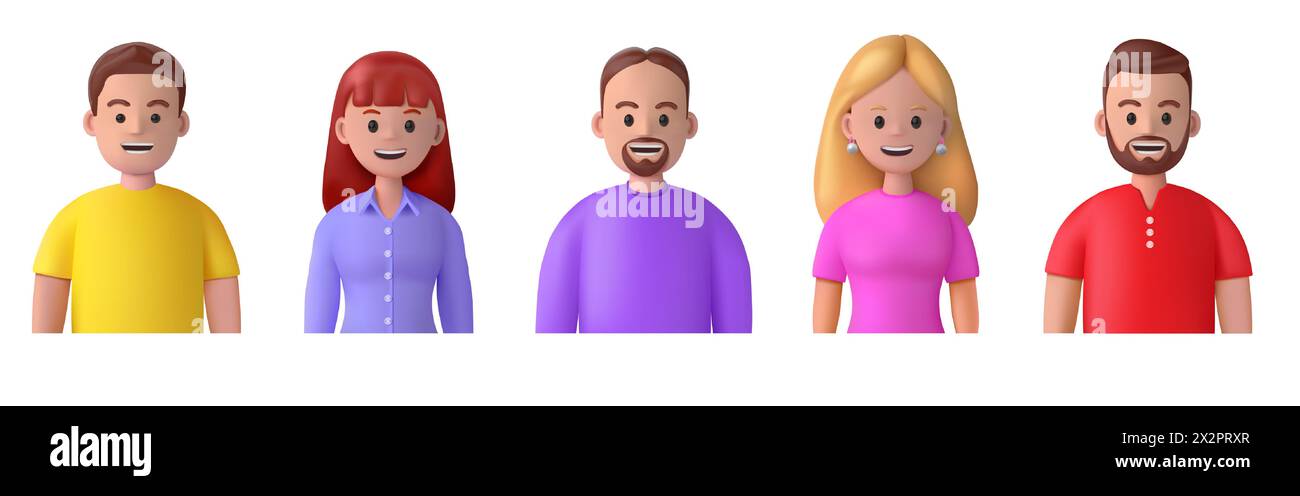 3d characters. Man and woman smiling, happy people face avatars ...