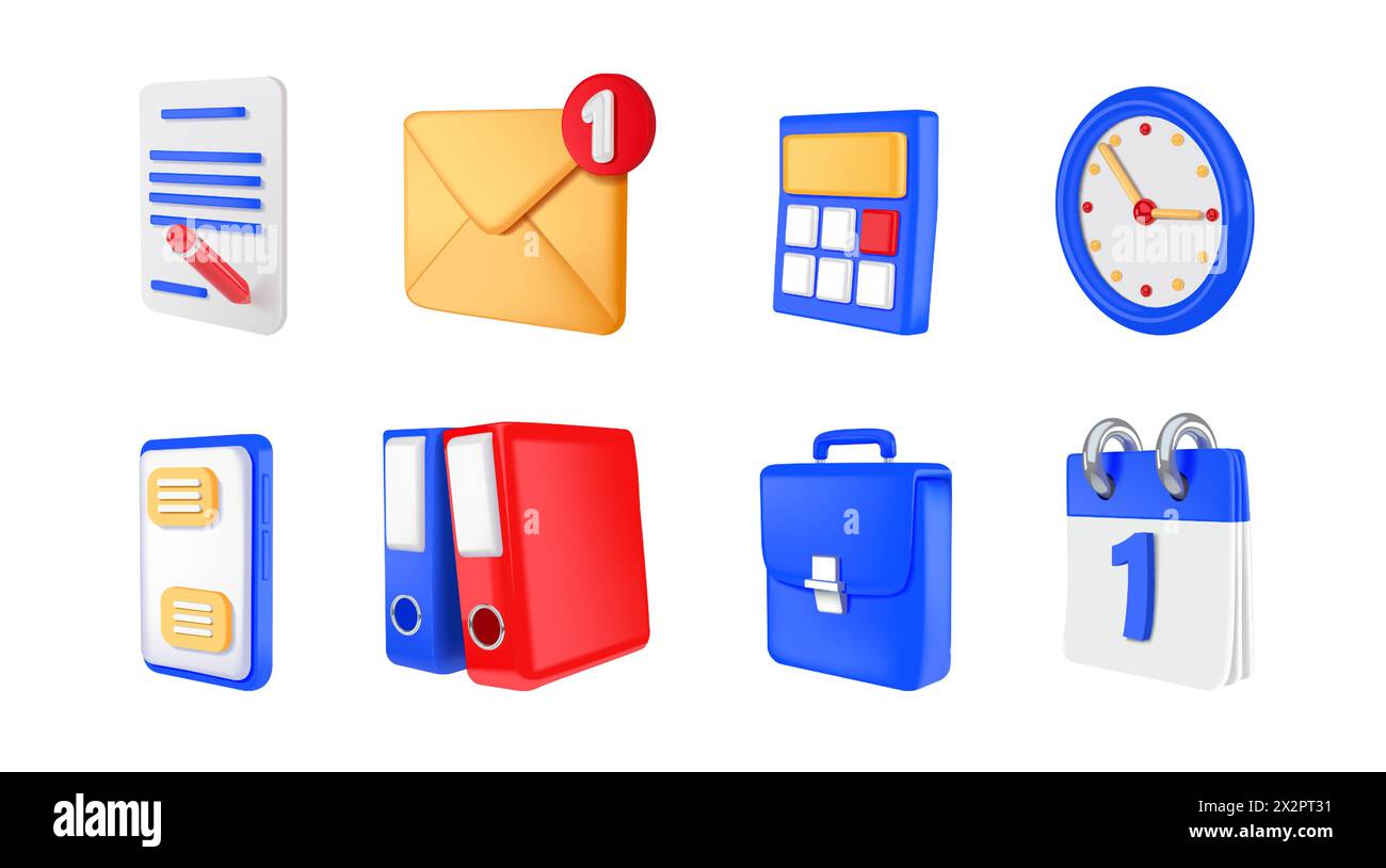 3D office icons. Business objects. Mail envelope. File folder and briefcase. Clock and calendar ...