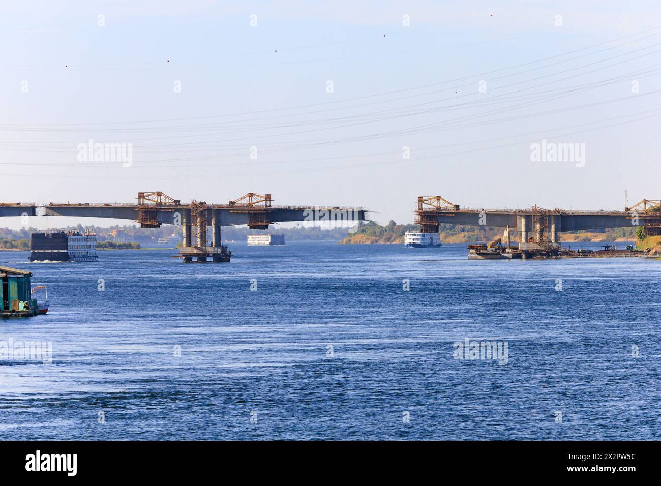 New bridge construction over the River Nile at Twaysah, Aswan, Egypt ...